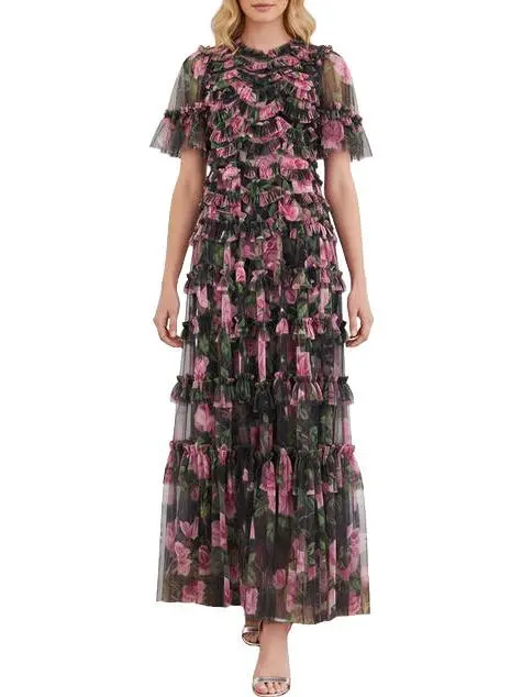 NEEDLE & THREAD Rose Vine Round Neck Gown - Graphite