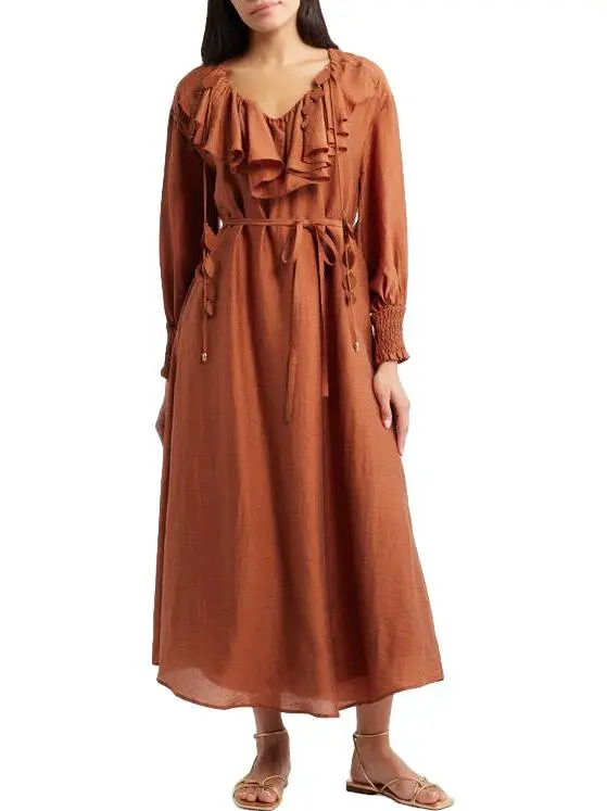 CIEBON Kiyelle Ruffle Long Sleeve Dress - Mocha