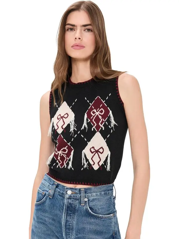 ANOTHER GIRL Bow Argyle Knitted Tank - Black