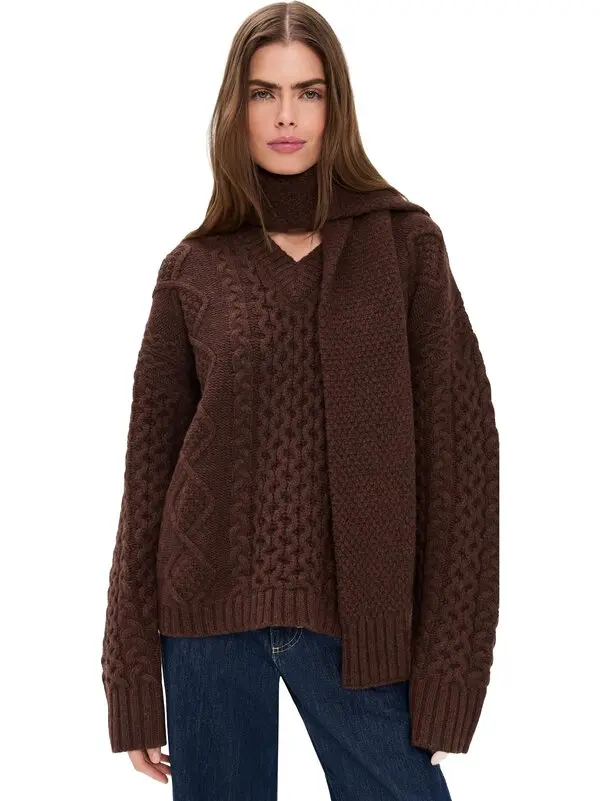 Still Here Minnesota Wool Cable Knit Sweater With Detachable Scarf - Chocolate