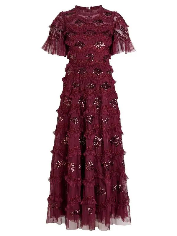 NEEDLE & THREAD Sequin-embellished Tulle Gown With Ruffled Trims - Burgundy