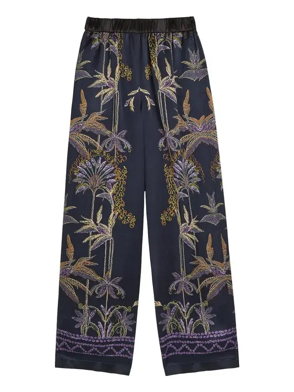 FORTE_FORTE Floral-print Straight-leg Satin Trousers - Navy