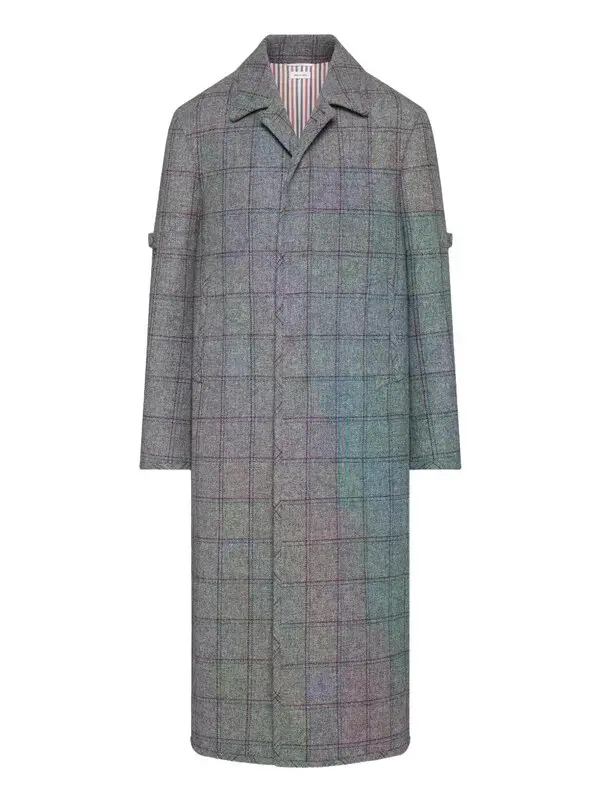 Thom Browne Checked Overcoat With Armband Detail - Grey