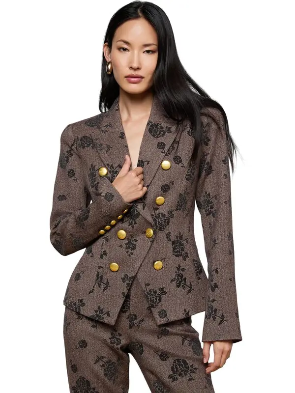 L'Agence Bethany Flocked Herringbone Blazer - Brown Flocked Herringbone