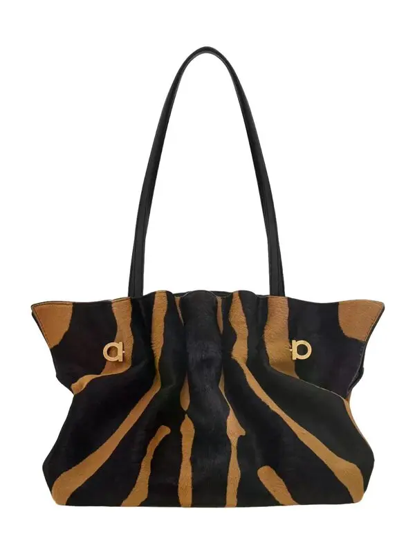 FERRAGAMO Animal-print Gancini-pin Shoulder Bag - Black