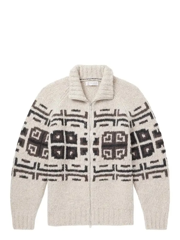 Brunello Cucinelli Intarsia-knit Alpaca-blend Cardigan - Neutrals