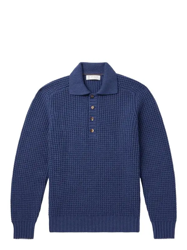 Brunello Cucinelli Waffle-knit Cashmere Polo Shirt - Blue