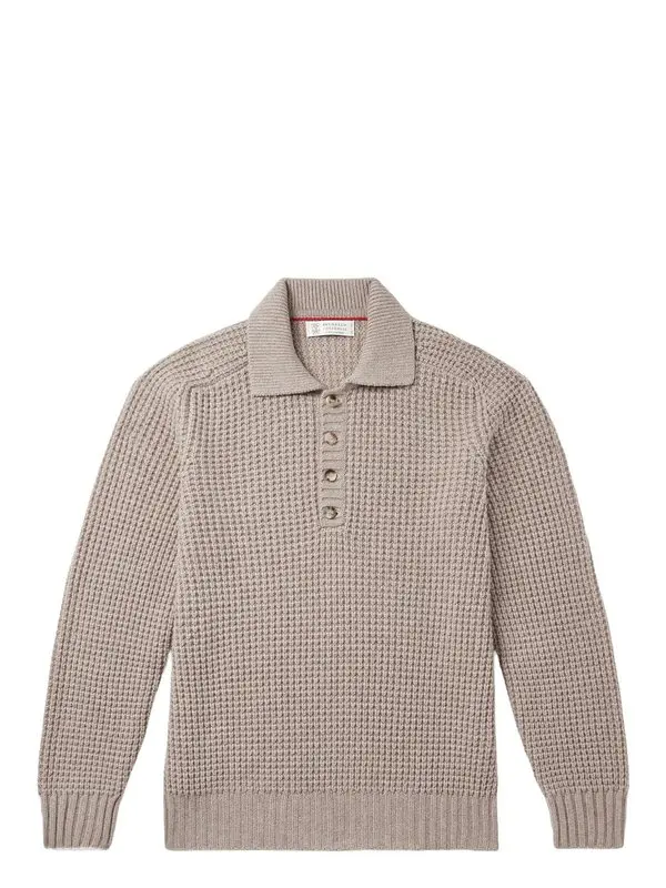 Brunello Cucinelli Waffle-knit Cashmere Polo Shirt - Neutrals