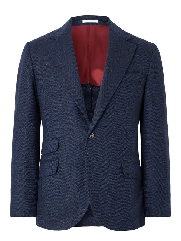 Brunello Cucinelli Herringbone Wool And Cashmere-blend Blazer - Blue
