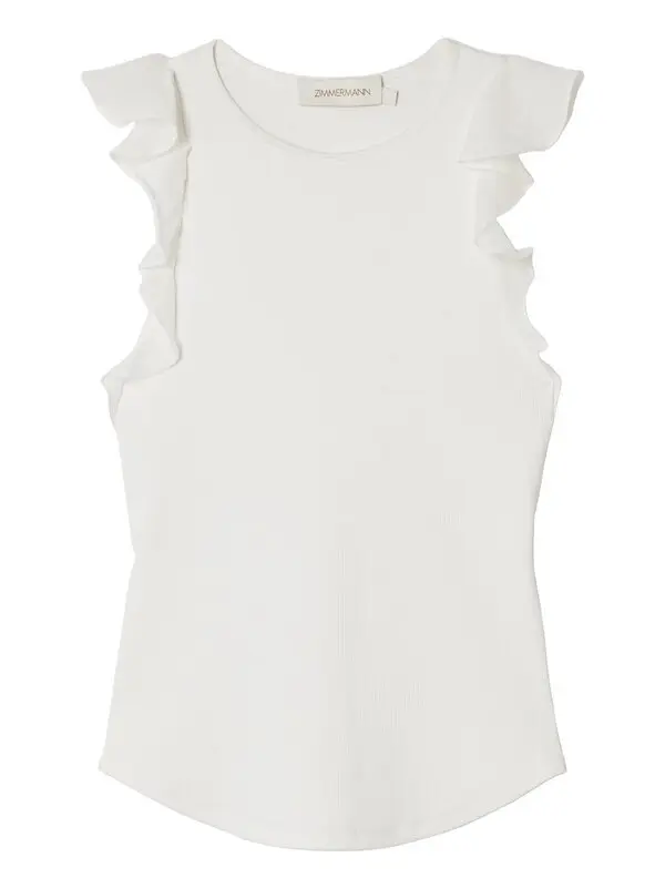 Zimmermann Awaken Ruffled Ribbed Cotton-blend Jersey Tank - Ivory