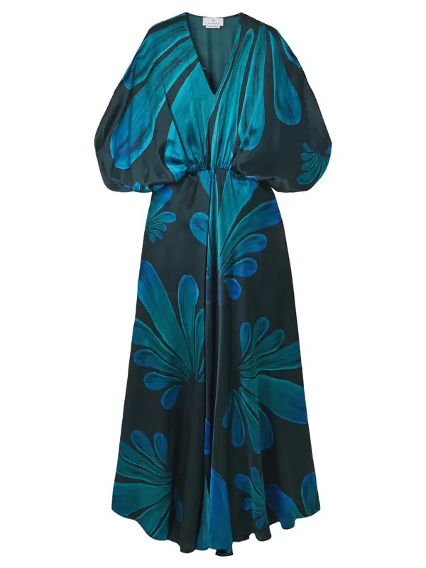 Themis Z Diana Printed Gathered Silk-satin Maxi Dress - Blue