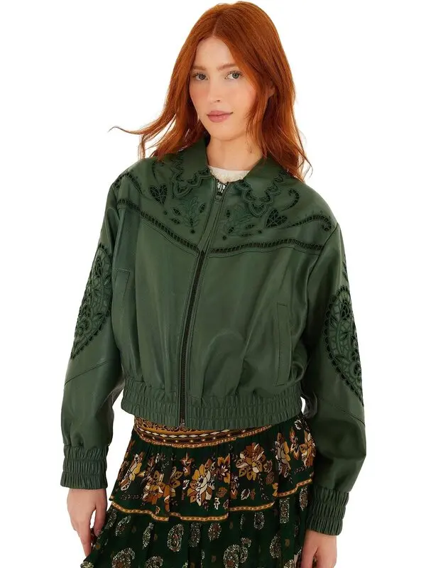 Farm Rio Richelieu Heart Leather Jacket - Green