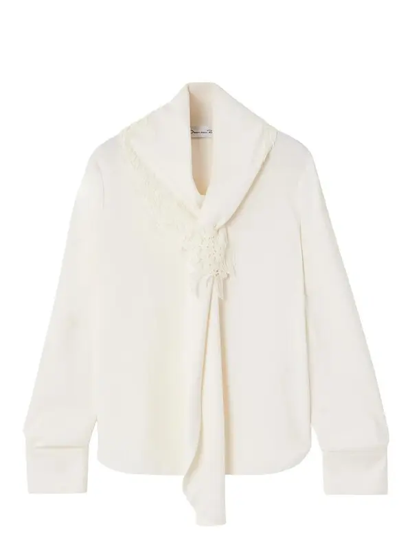 Oscar De La Renta Tie-detailed Lace-trimmed Silk-blend Georgette Blouse - Ivory