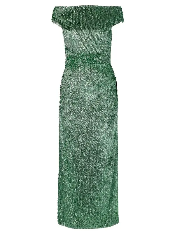 Erdem Off-the-shoulder Draped Embellished Tulle Midi Dress - Green