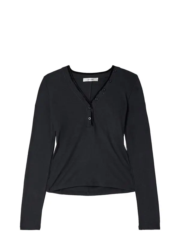 FRAME The Henley Velvet-trimmed Ribbed Top - Black