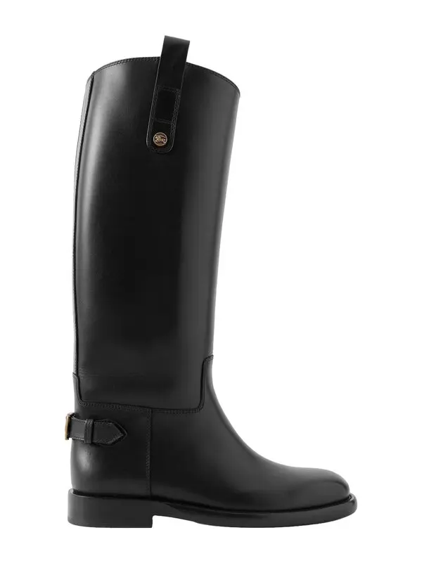 Burberry Buckled Leather Knee Boots - Black