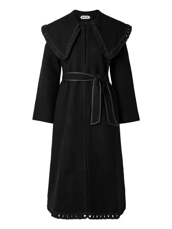 BODE Dover Belted Embroidered Wool Coat - Black