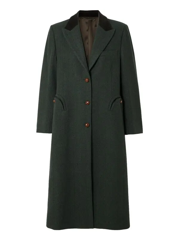 BLAZÉ MILANO Heck Velvet-trimmed Herringbone Wool Coat - Green