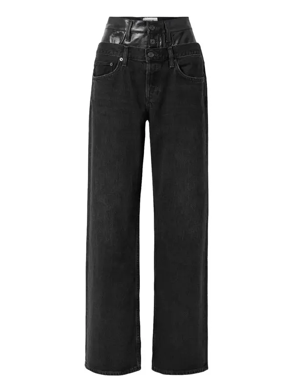 AGOLDE Elson Recycled Leather-blend Trimmed High-rise Wide-leg Jeans - Black