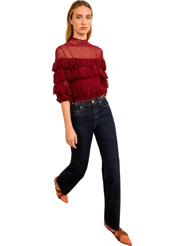 Ulla Johnson Corinna Mock Neck Tiered Ruffle Top - Claret