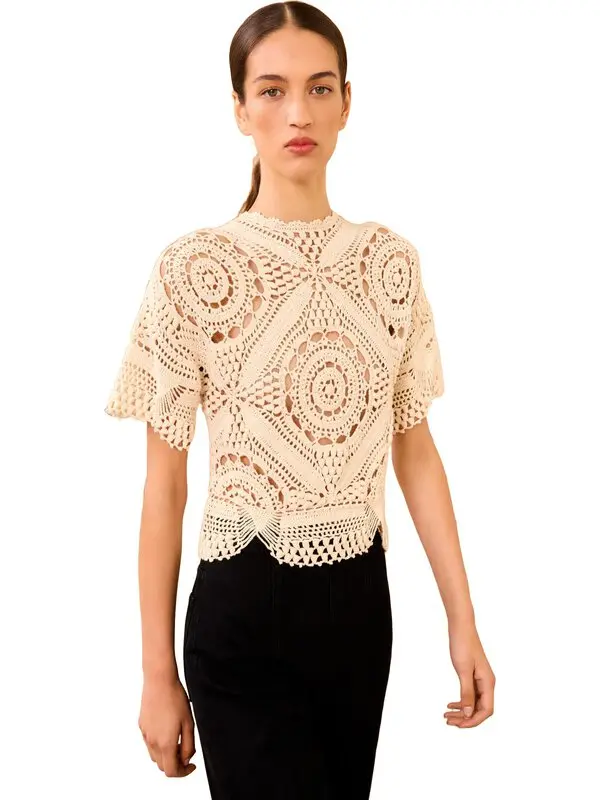 Ulla Johnson Maddalena Short Sleeve Crochet Top - Cowrie
