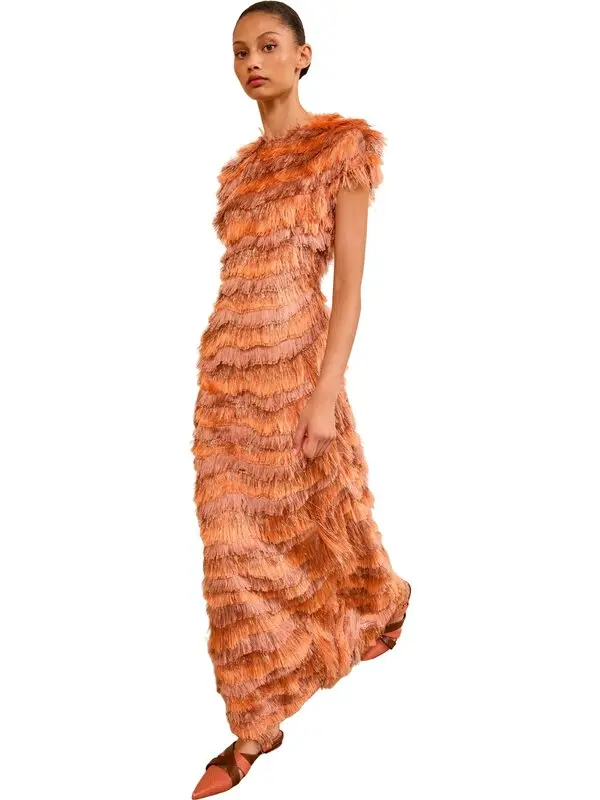 Ulla Johnson Elowyn Fringe Italian Jacquard Midi Dress - Coral