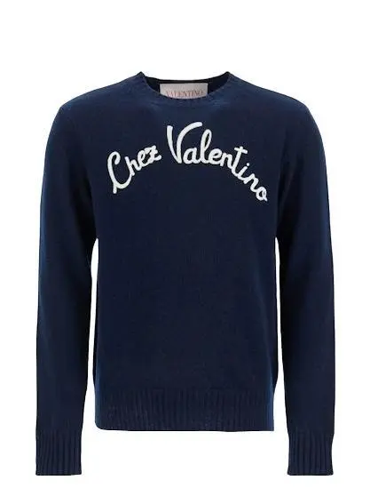 Valentino Garavani Chez Embroidered Wool Crewneck Jumper - Navy Blue