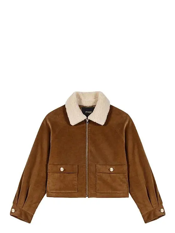 Maje Cropped Shearling-collar Cord Jacket - Camel
