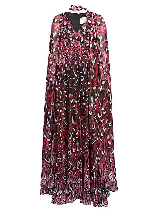 MARY KATRANTZOU Feather-print Chiffon Maxi Dress - Fuchsia Feath