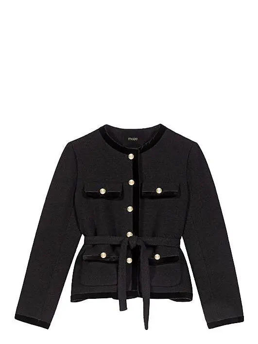 Maje Contrast-trim Belted-waist Tweed Jacket - Black