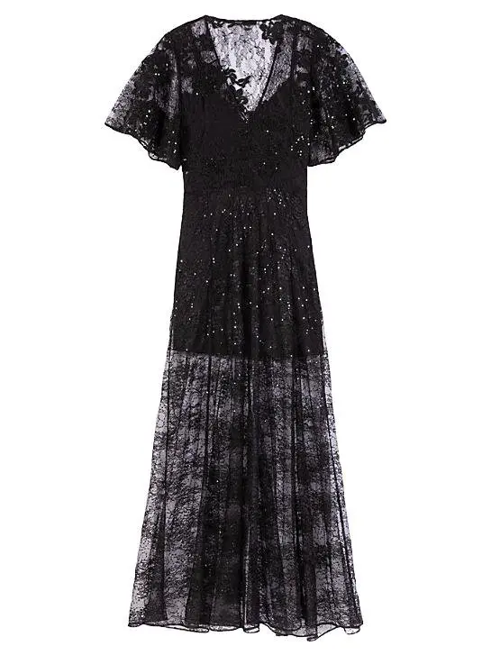 Maje Butterfly Sequin-embroidered Lace Maxi Dress - Black