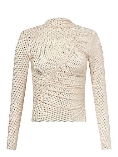 SELF-PORTRAIT Rhinestone-embellished Gathered Mesh Top - Champange