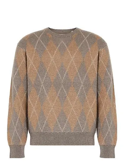 FRAME Argyle-pattern Crewneck Knitted Jumper - Taupe Multi