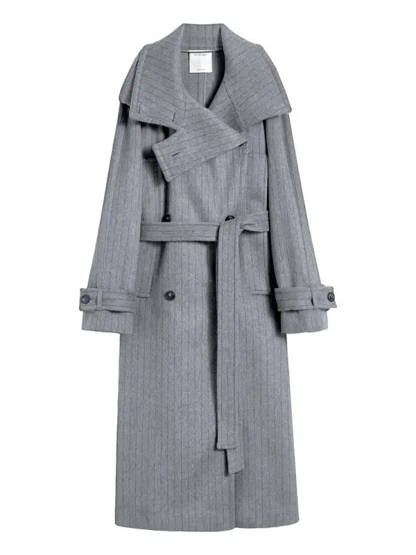 Max Mara Pinstriped Wool Trench Coat - Medium Grey