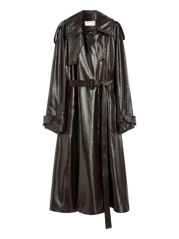 Max Mara Runway Long Trench Coat With Patent Leather Effect - Coffee