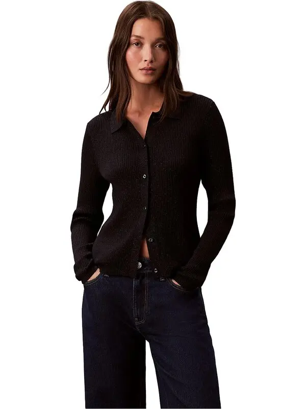 Calvin Klein Lurex Merino Wool Blend Rib Cardigan - Maritime Blue