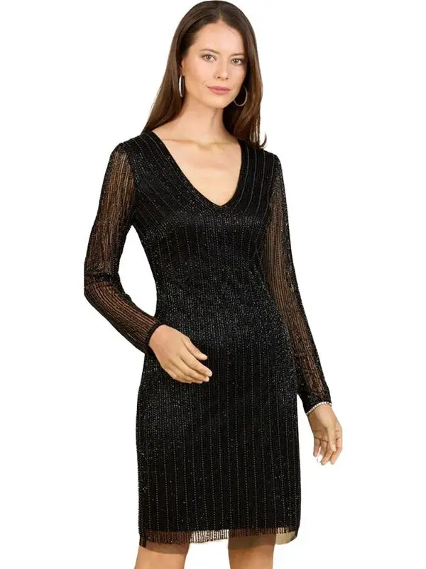 LARA NEW YORK Classic V-neck Beaded Long Sleeve Cocktail Dress - Black