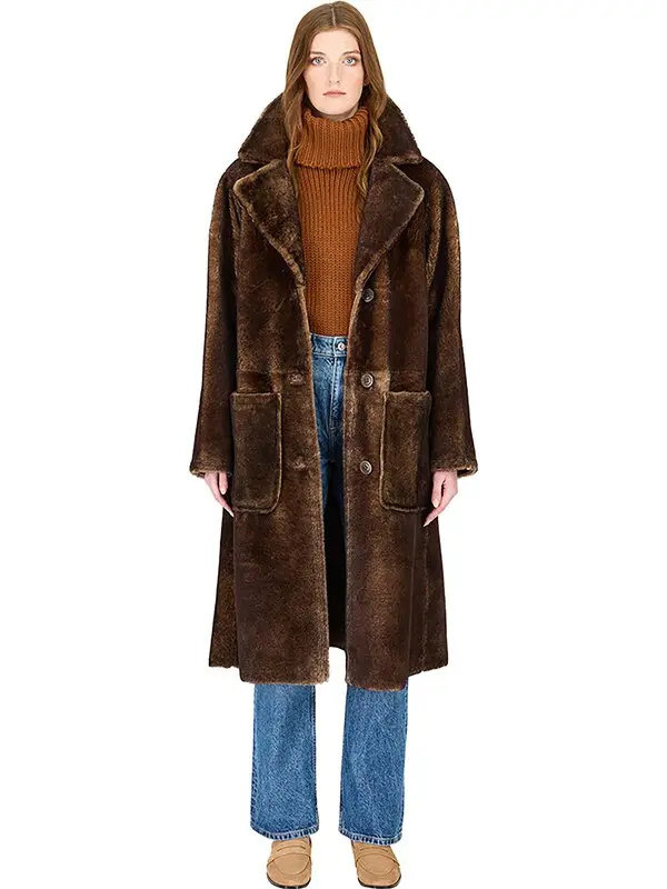 HISO Zira Shearling Long Coat - Brown