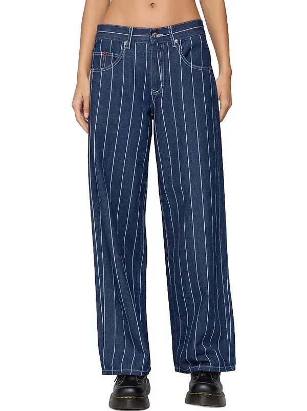 EDIKTED Kyler Pinstripe Low Rise Jeans - Dark Blue