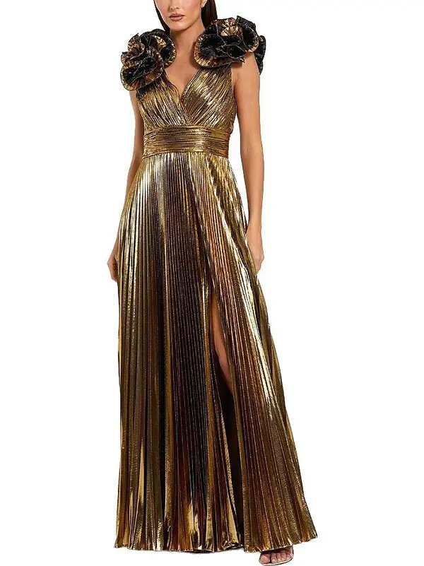 Mac Duggal Pleated Metallic V-neck Gown With Ruffle Detail - Antique Gold