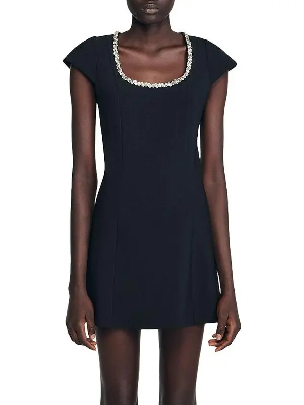 Sandro Short Dress With Rhinestone Collar - Black