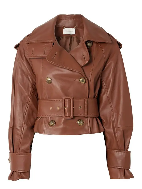 Zimmermann Hypnotic Belted Cropped Leather Jacket - Brown
