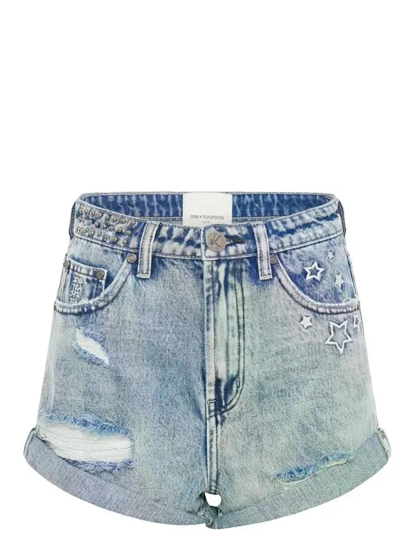 ONETEASPOON Bandits Studded Distressed Denim Shorts - Blue