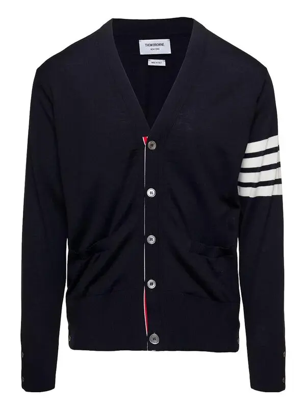 Thom Browne V-neck Wool Cardigan With Stripe Detail - Blue