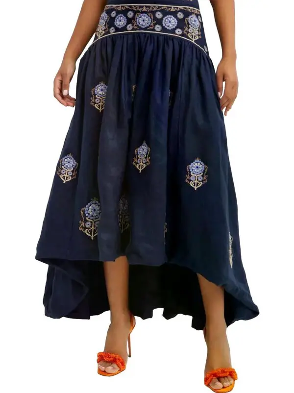 Agua Bendita Curua Mosaico Embroidered Asymmetric Midi Skirt - Blue