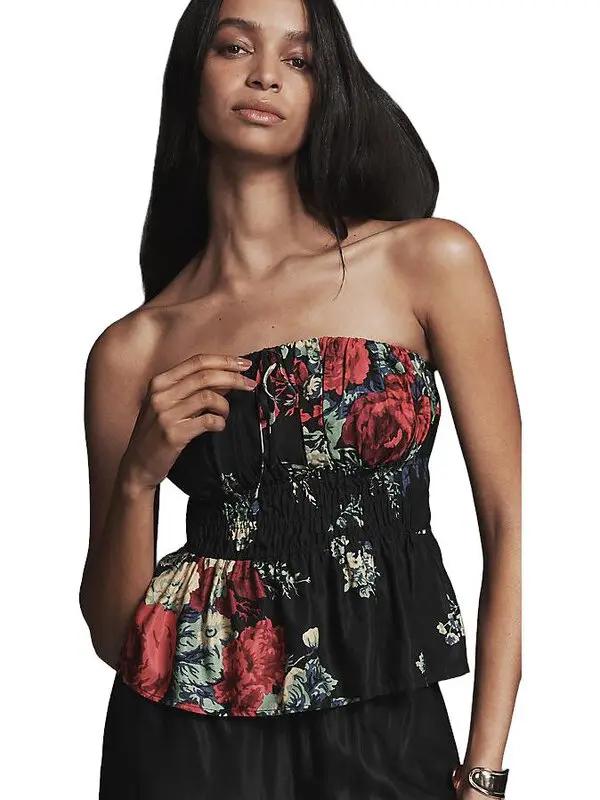 THE SOMERSET COLLECTION BY ANTHROPOLOGIE Strapless Silky Blouse - Black Floral