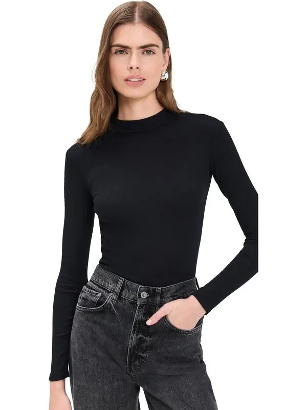 PERFECTWHITETEE Lauryn Mock Neck Rib Long Sleeve Tee - True Black