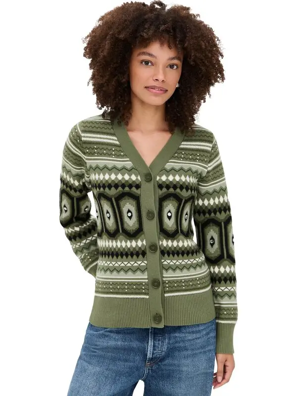 ALIGNE Fair Isle Rhinestone Cardigan - Green