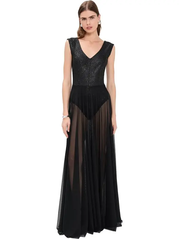 Norma Kamali Double Drop Shoulder Combo Flared Gown - Black