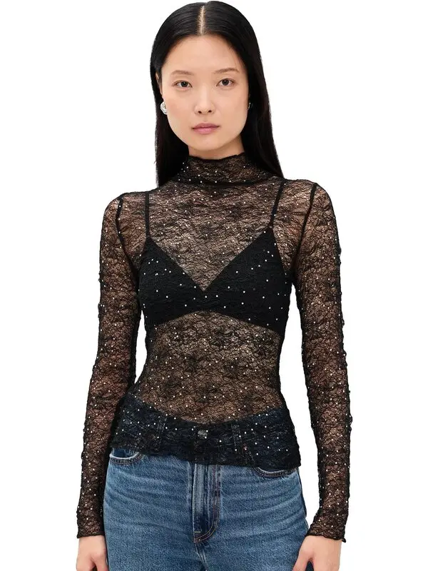 Astr The Label Kyra Rhinestone-embellished Lace Top - Black